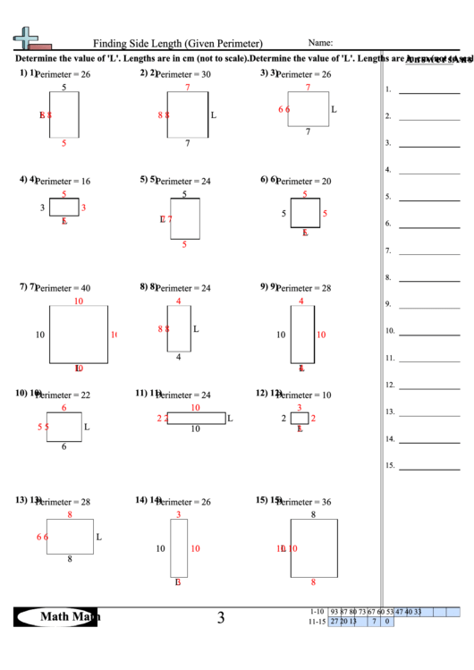 Finding Side Length Given Perimeter Worksheet With Answer Key