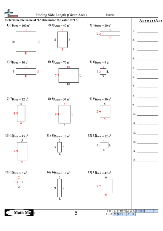 Finding Side Length Given Area Math Worksheet With Answer Key