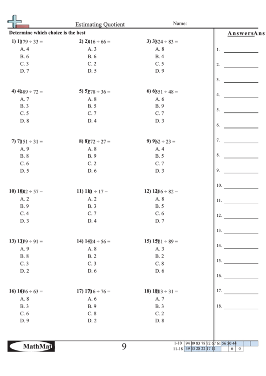 Estimating Quotient Math Worksheet With Answer Key printable pdf download