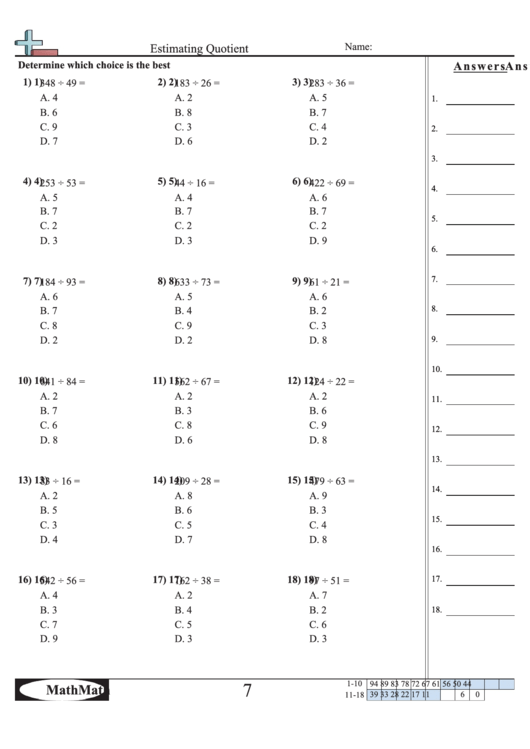 Estimating Quotient Math Worksheet With Answer Key printable pdf download