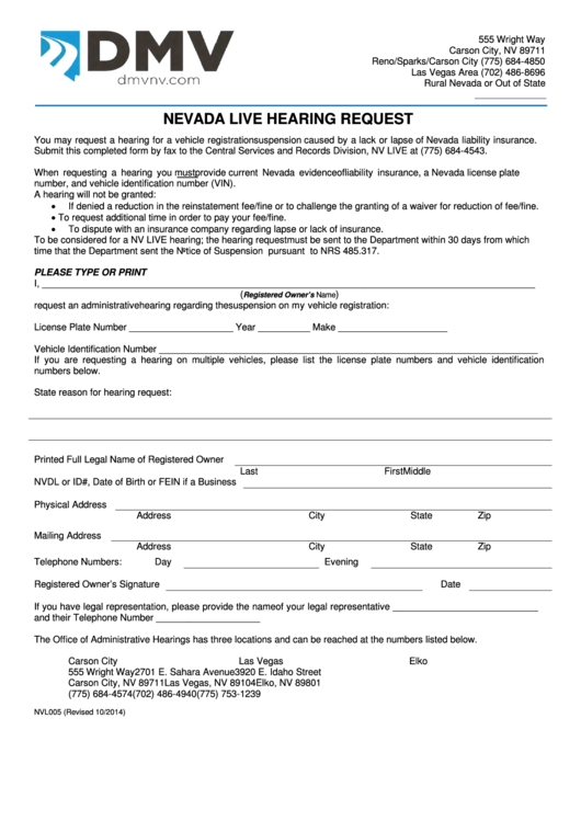 Fillable Form Nvl005 - Nevada Live Hearing Request printable pdf download