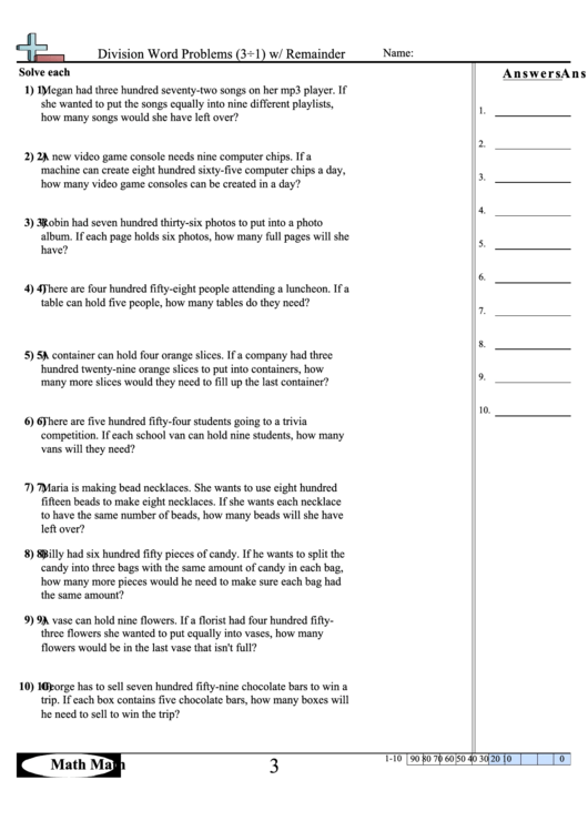 Division Word Problems W/remainder Math Worksheet With Answer Key ...