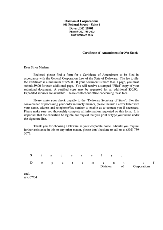 Fillable Certificate Of Amendment For Non-Stock Form - Delaware ...