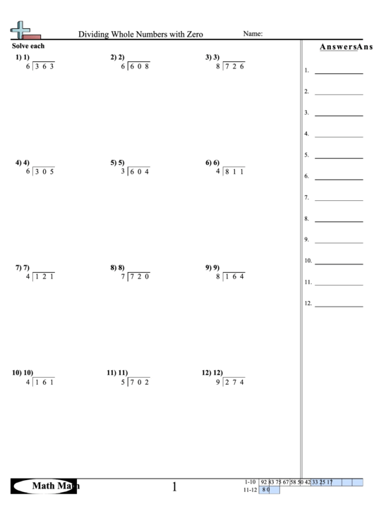 Dividing Whole Numbers With Zero Math Worksheet With Answer Key