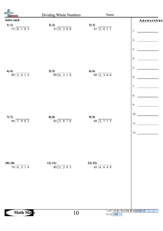 Dividing Whole Numbers Math Worksheet With Answer Key printable pdf ...