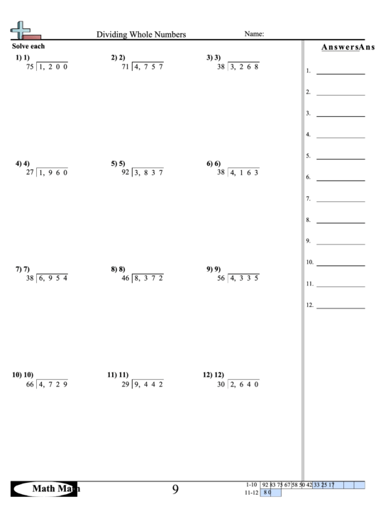 Dividing Whole Numbers Math Worksheet With Answer Key printable pdf ...