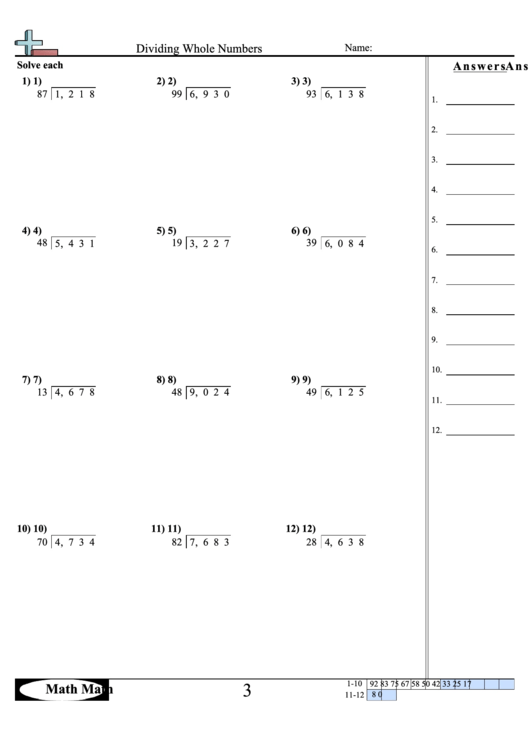 Dividing Whole Numbers Math Worksheet With Answer Key printable pdf ...