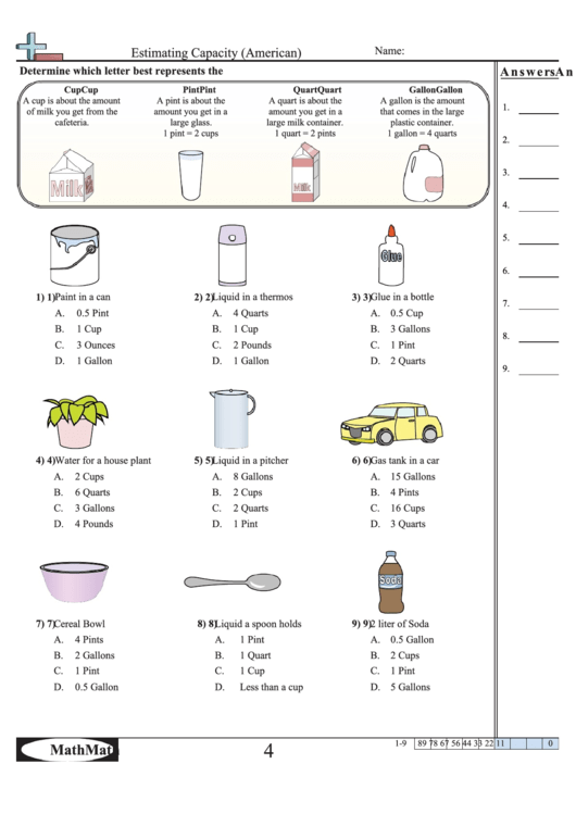 Estimating Capacity (American) Worksheet With Answer Key printable pdf ...
