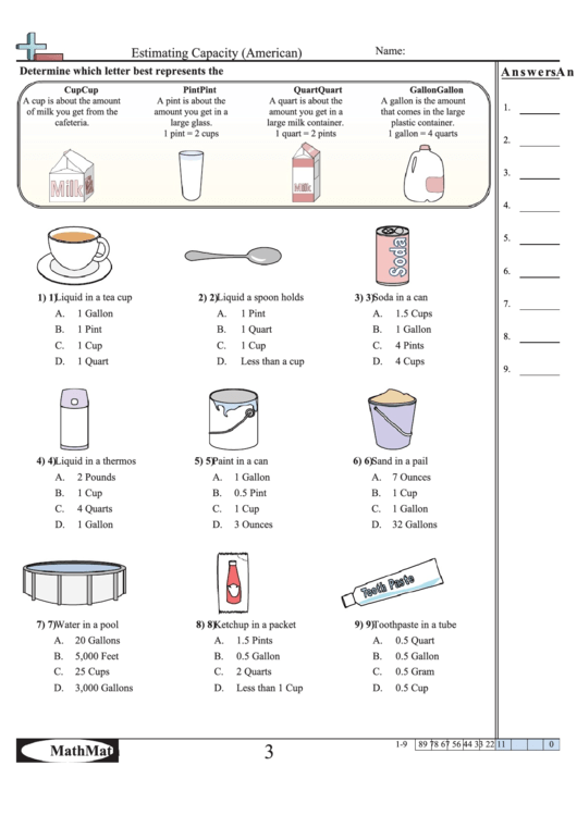 Estimating Capacity (American) Worksheet With Answer Key printable pdf ...