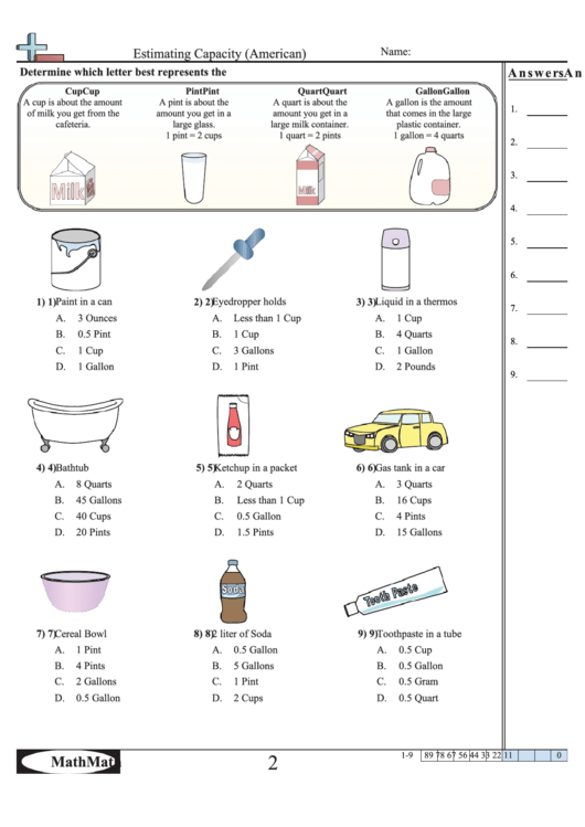 Estimating Capacity (American) Worksheet With Answer Key printable pdf ...