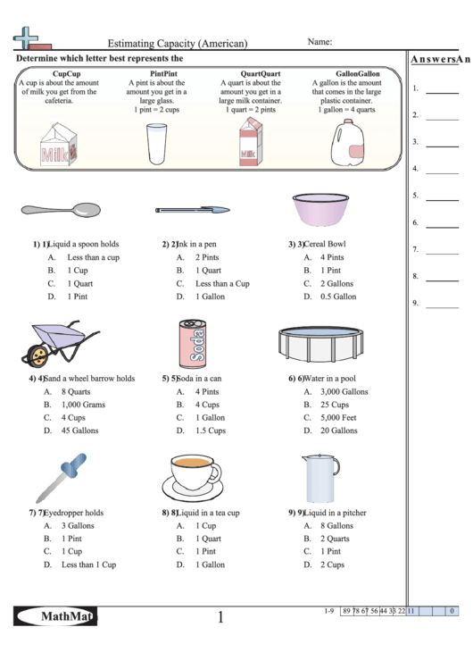 Estimating Capacity (American) Worksheet With Answer Key printable pdf ...