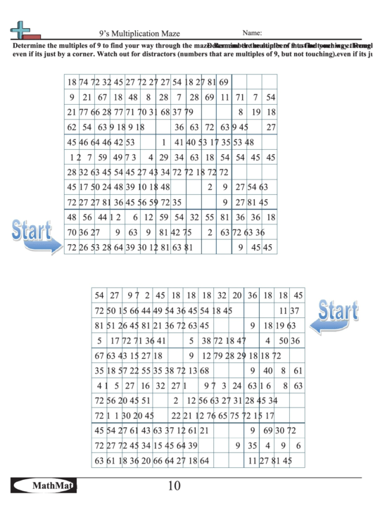 9'S Multiplication Maze Worksheet printable pdf download