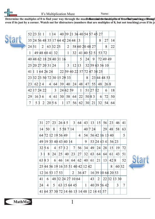 8'S Multiplication Maze Worksheet printable pdf download
