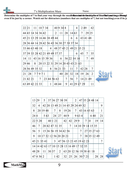 7'S Multiplication Maze Worksheet printable pdf download