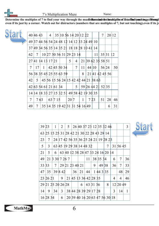 7'S Multiplication Maze Worksheet printable pdf download