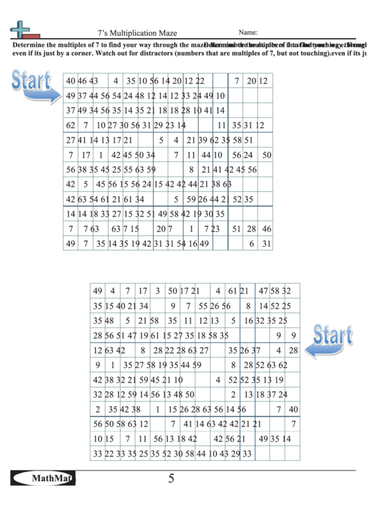 7'S Multiplication Maze Worksheet printable pdf download
