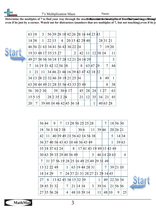 7'S Multiplication Maze Worksheet printable pdf download