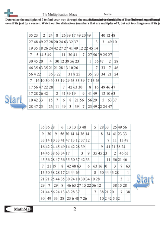 7'S Multiplication Maze Worksheet printable pdf download