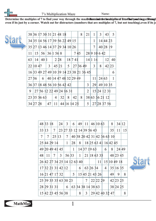 7'S Multiplication Maze Worksheet printable pdf download