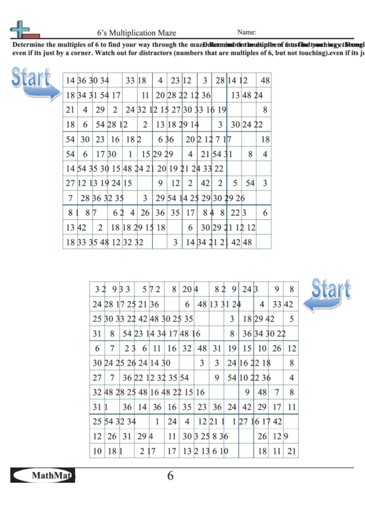 6'S Multiplication Maze Worksheet printable pdf download
