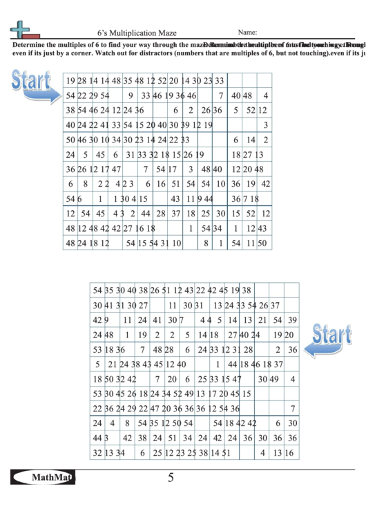 6'S Multiplication Maze Worksheet printable pdf download