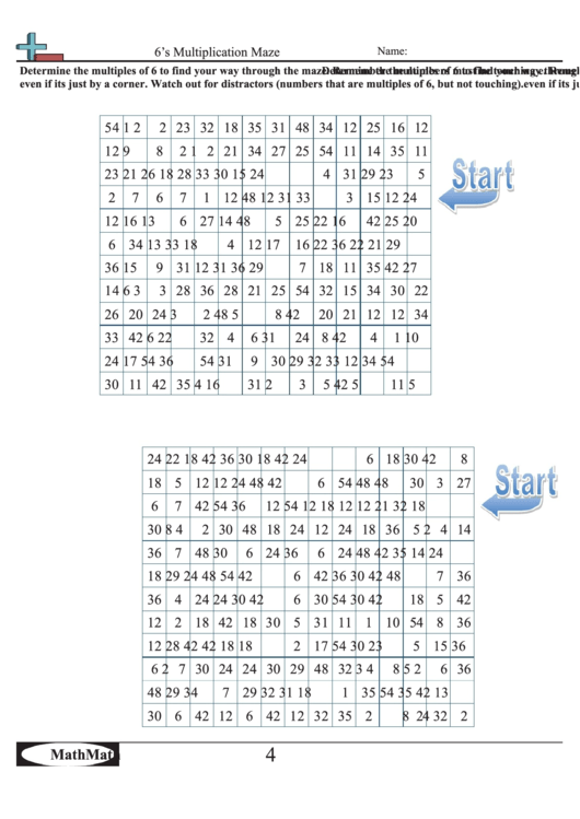 6'S Multiplication Maze Worksheet printable pdf download