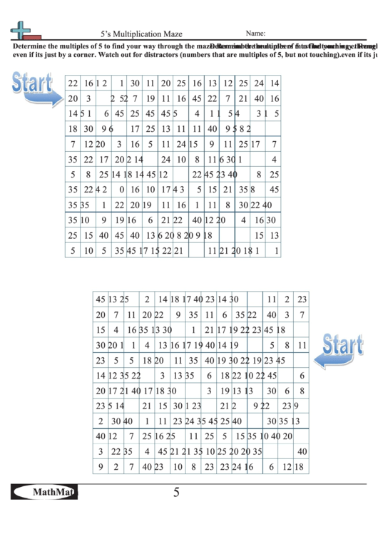 5'S Multiplication Maze Worksheet printable pdf download