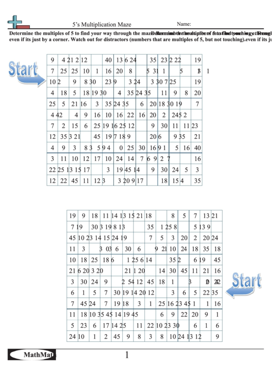 5'S Multiplication Maze Worksheet printable pdf download