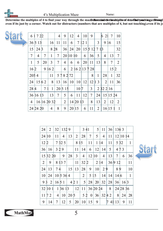 4'S Multiplication Maze Worksheet printable pdf download