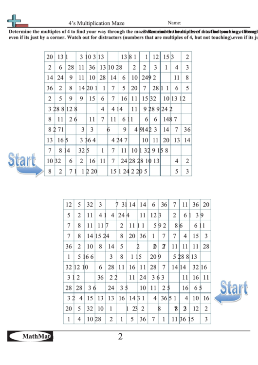 4'S Multiplication Maze Worksheet printable pdf download