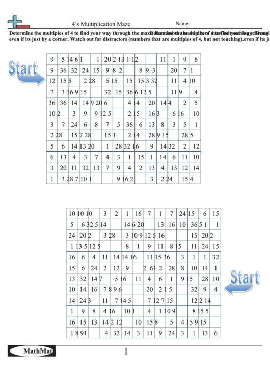 4'S Multiplication Maze Worksheet printable pdf download