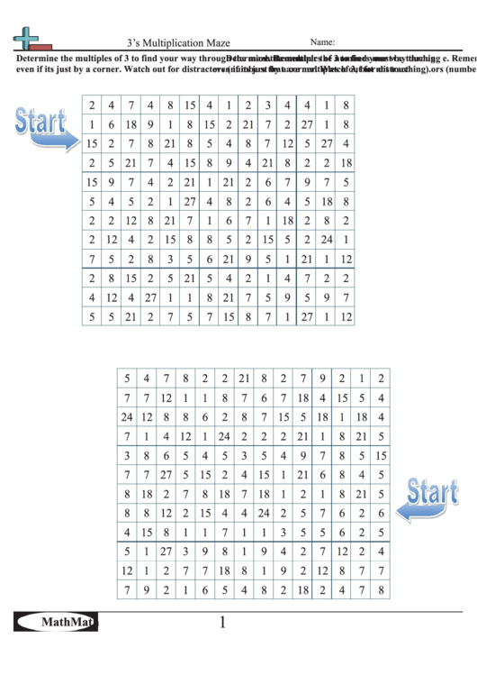 3'S Multiplication Maze Worksheet printable pdf download