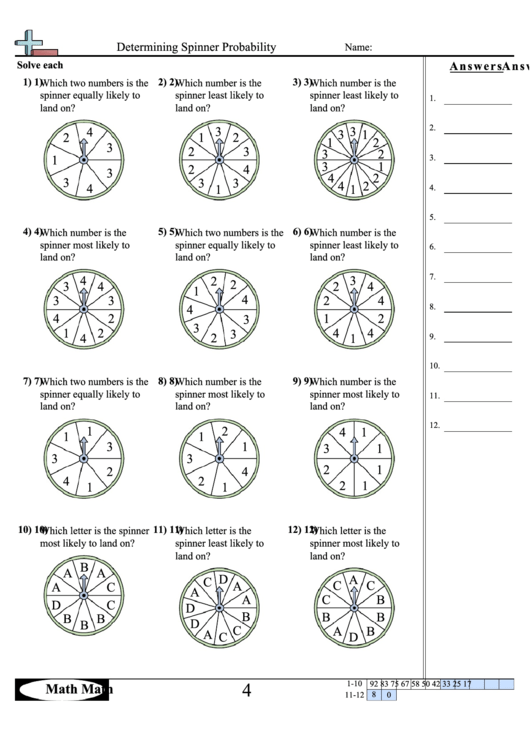 Determining Spinner Probability Worksheet printable pdf download