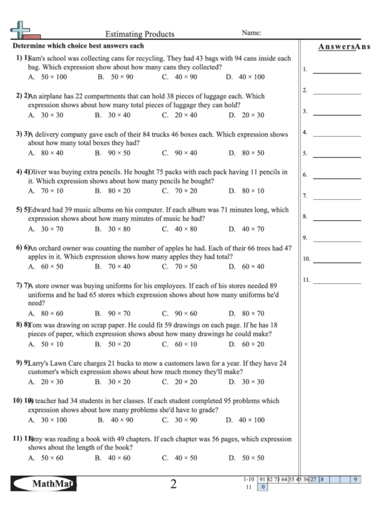 'Estimating Products' Math Worksheet printable pdf download