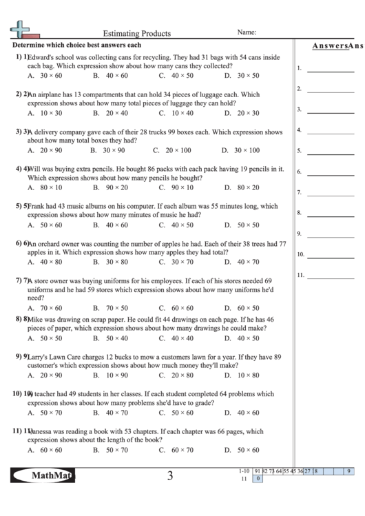 'Estimating Products' Math Worksheet printable pdf download
