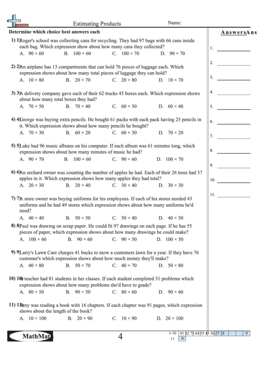 'Estimating Products' Math Worksheet printable pdf download