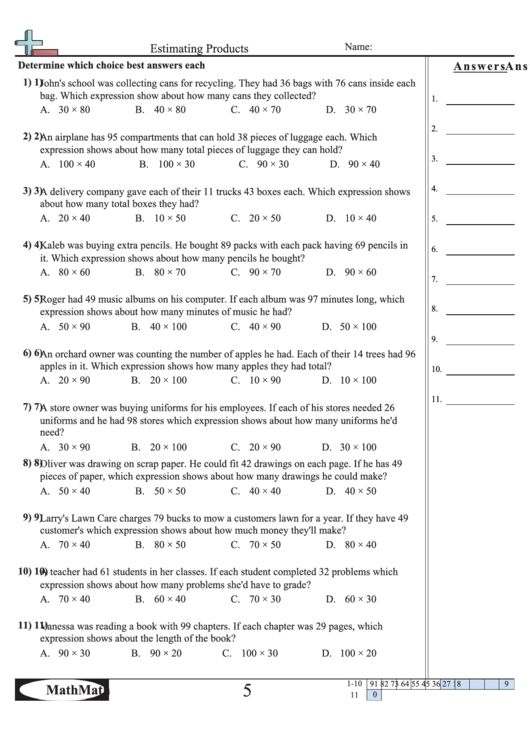 'Estimating Products' Math Worksheet printable pdf download