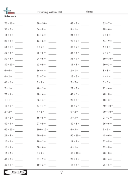 Dividing Within 100 Math Worksheet With Answer Key printable pdf download