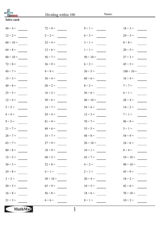 Dividing Within 100 Math Worksheet With Answer Key printable pdf download