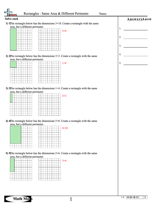 Rectangles - Same Area & Different Perimeter Math Worksheet With Answer ...