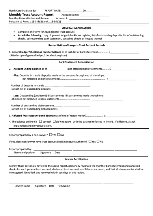 Fillable Monthly Trust Account Report Form printable pdf download