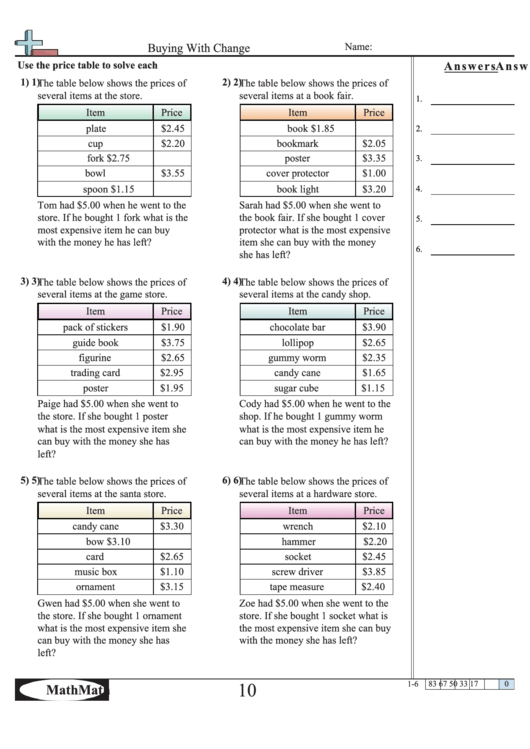 Buying With Change Worksheet printable pdf download