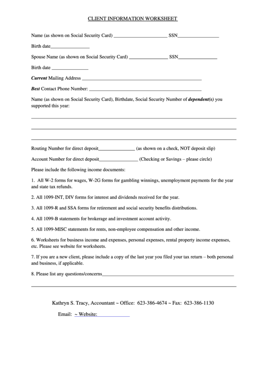 Fillable Client Information Worksheet printable pdf download