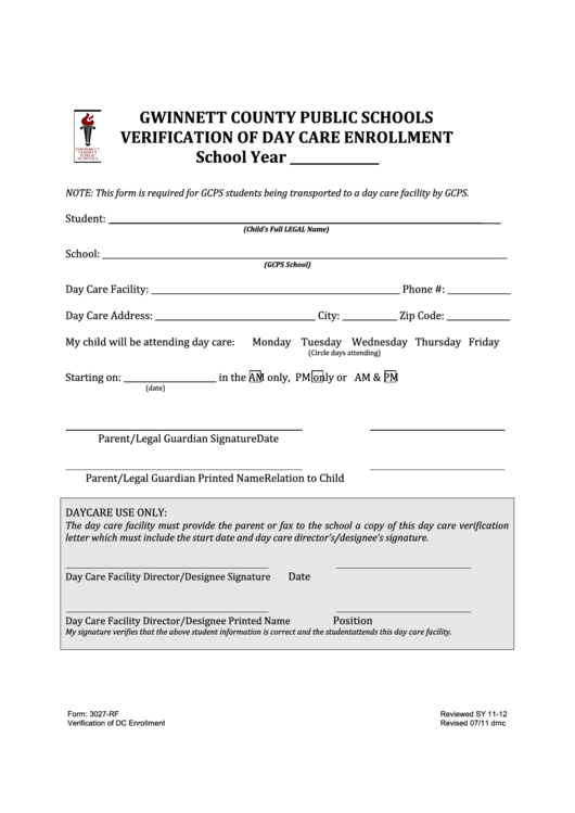 Verification Of Day Care Enrollment Form Printable Pdf Download