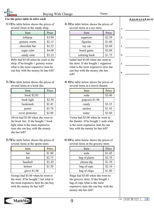 Buying With Change Worksheet printable pdf download