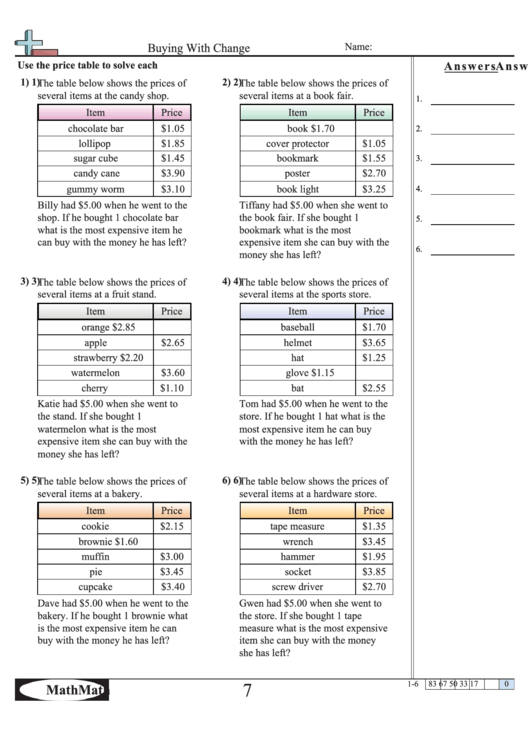Buying With Change Worksheet printable pdf download