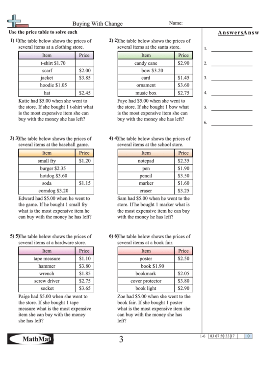 Buying With Change Worksheet printable pdf download