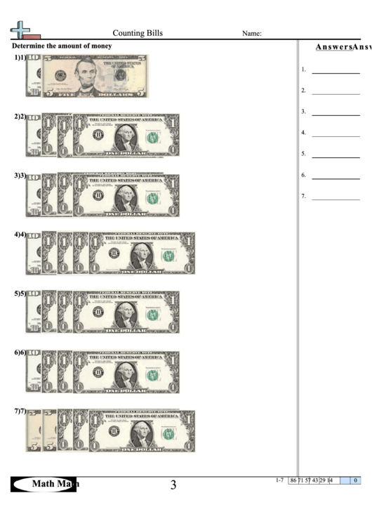 Counting Bills Worksheet printable pdf download