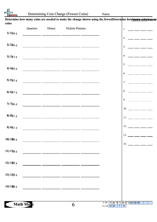 Determining Coin Change (Fewest Coins) Worksheet printable pdf download