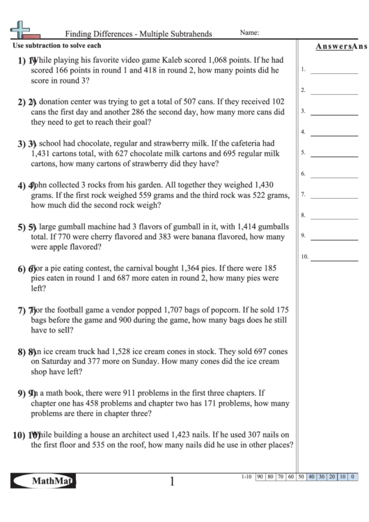 Finding Differences - Multiple Subtrahends Math Worksheet printable pdf ...